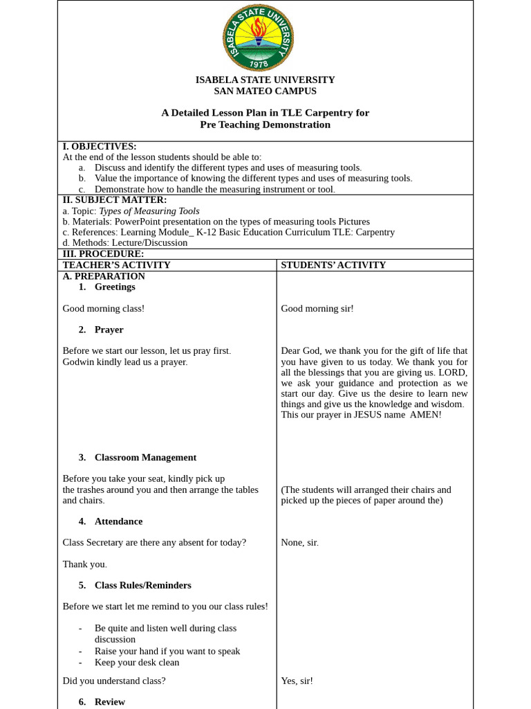 DETAILED LESSON PLAN IN CARPENTRY REAL NA (1) | PDF | Lesson Plan | Prayer