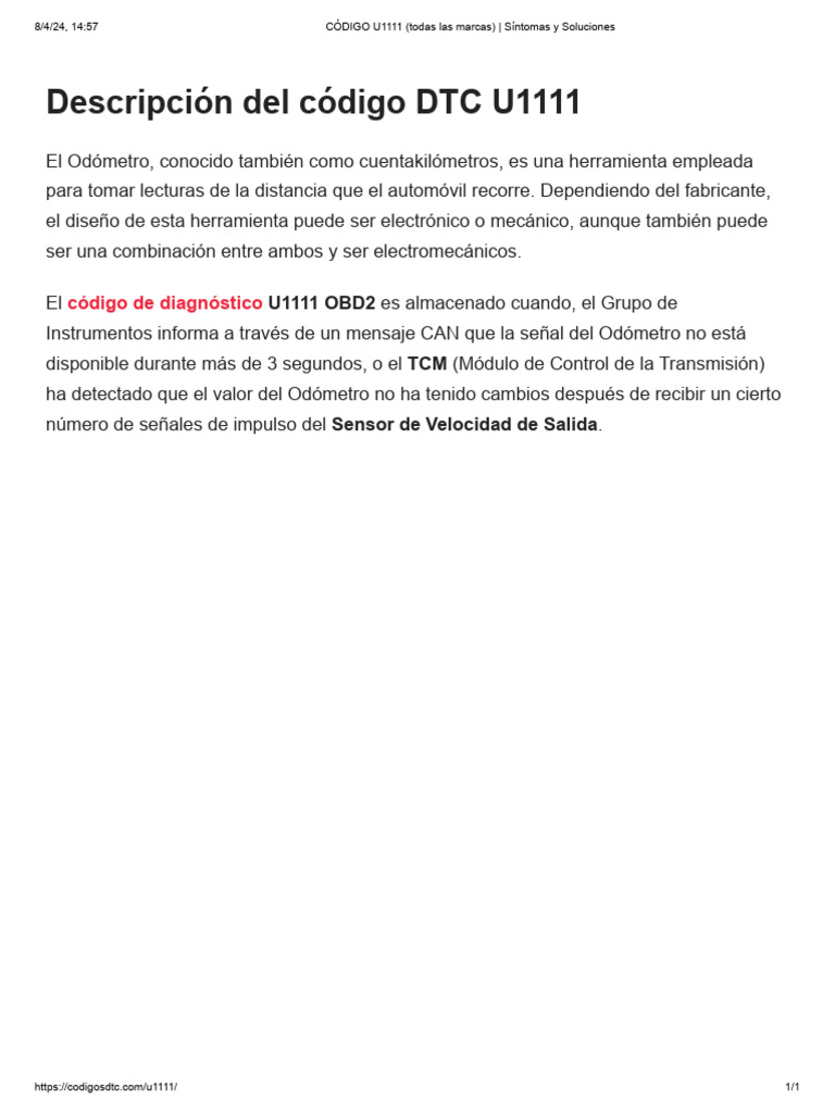 CODIGO U1111 Todas Las Marcas Sintomas y Soluciones | PDF