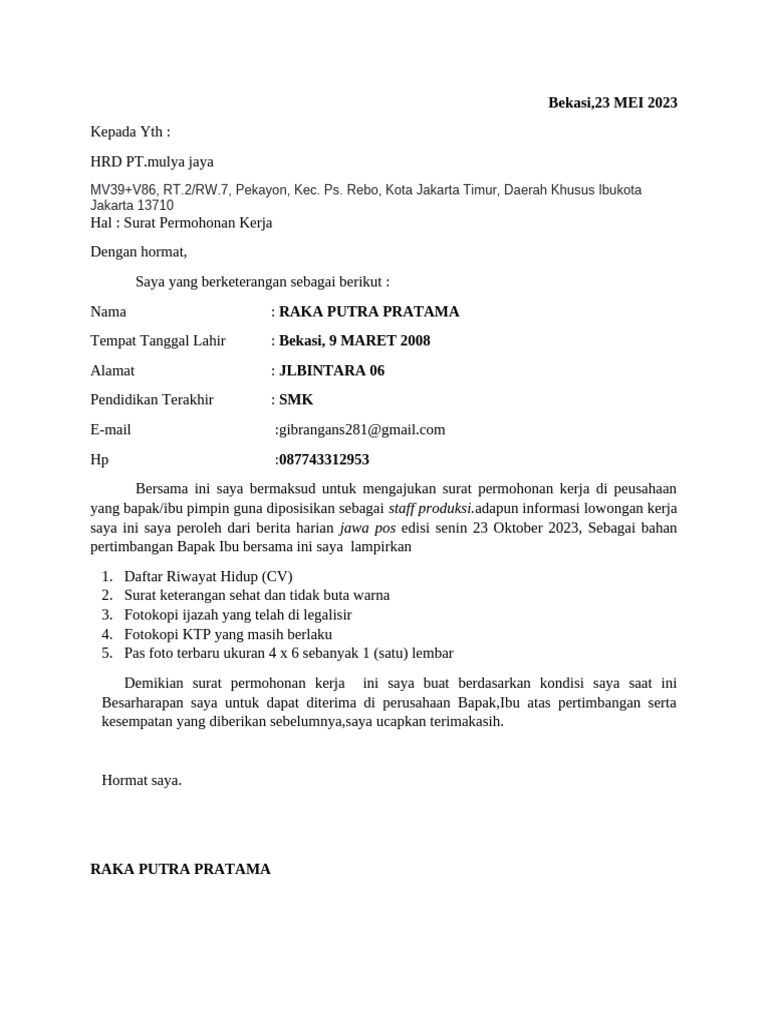 Raka Putra Pratama 10 TJKT 1 - Surat Lamaran | PDF