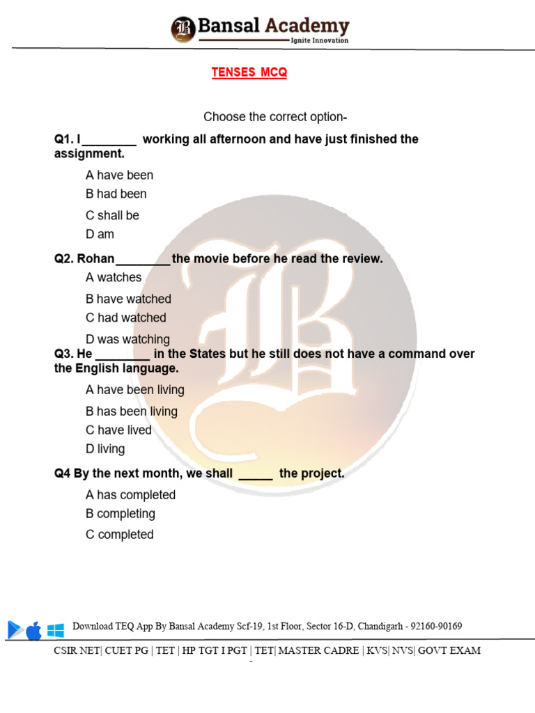 Assignment Tenses 100 Questions With Answers | PDF | Verb | Language Mechanics