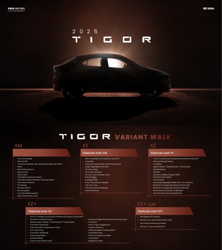 2025 Tata Tigor Brochure | PDF | Vehicle Technology | Front Wheel Drive Vehicles