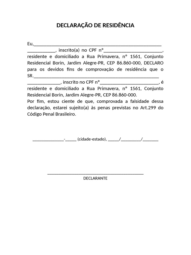 Declaração de Residência (Modelo) | PDF