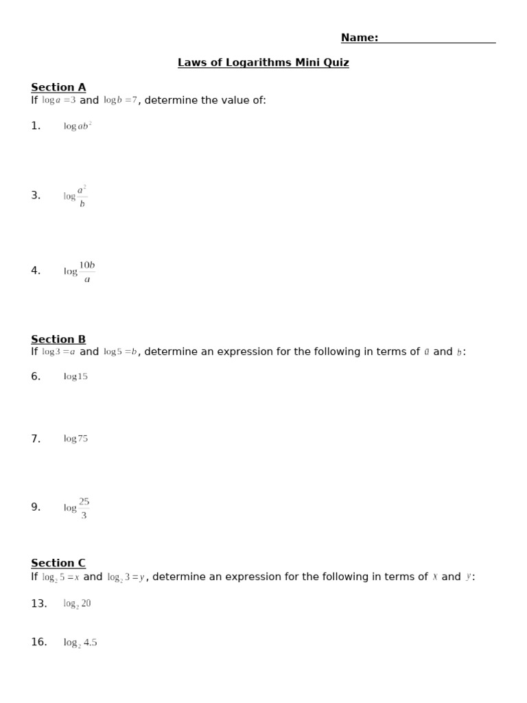 Laws of Logarithms Quiz and Answers | PDF