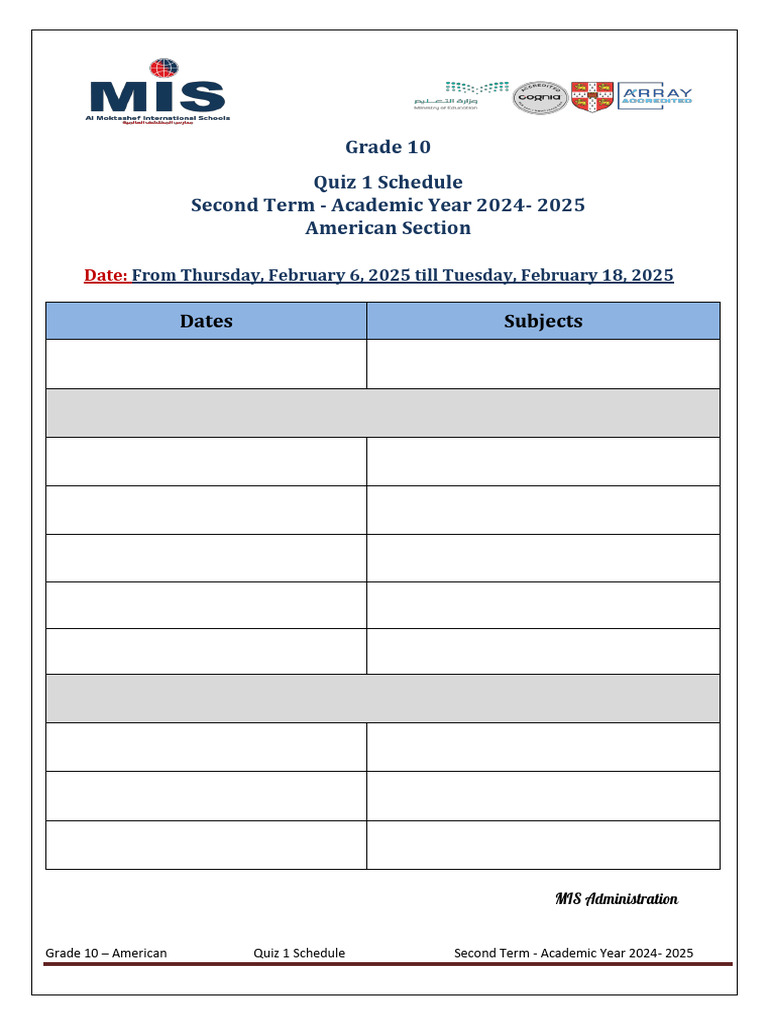 Grade 10 Quiz 1 Schedule 2nd Term 2025 | PDF