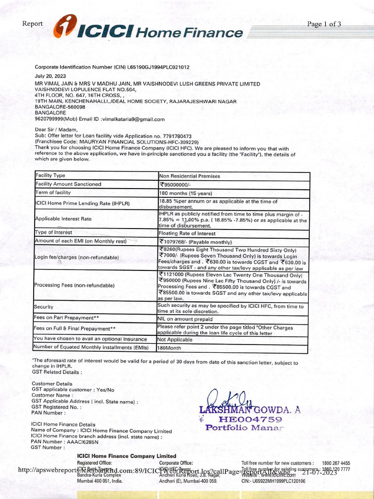6-Ullal Icici Bank Sanction Letter - 1 Sheet | PDF