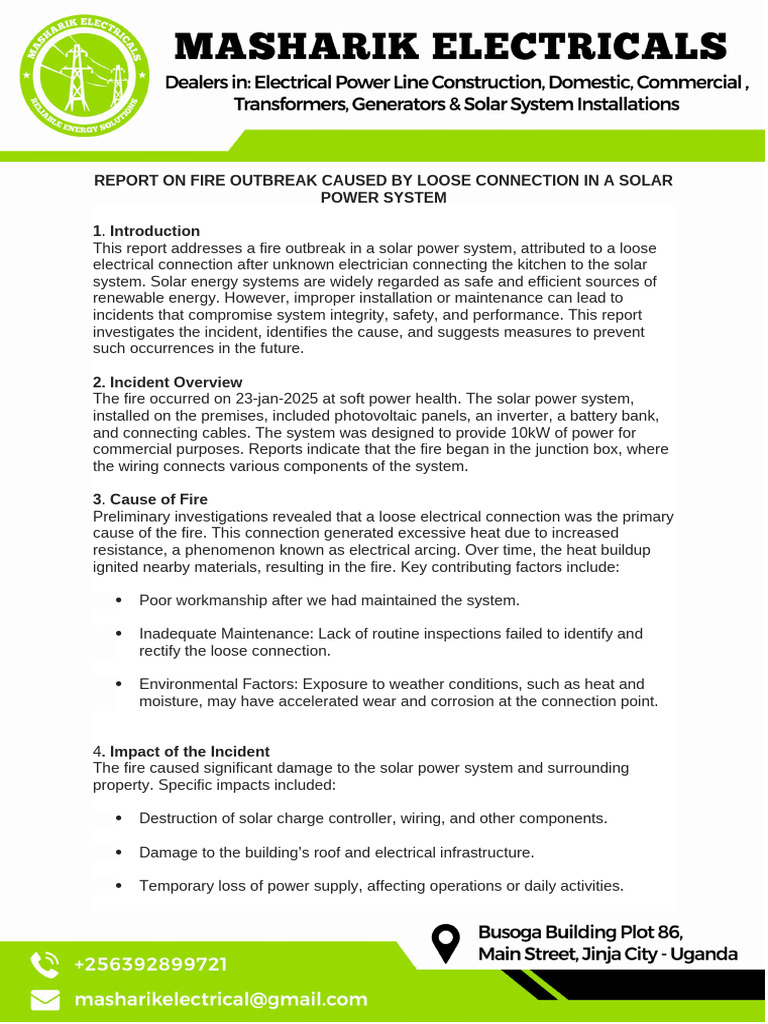 Report On Fire Outbreak Caused by Loose Connection in A Solar Power ...