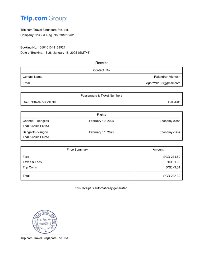 Trip.com Flight Booking Receipt | PDF