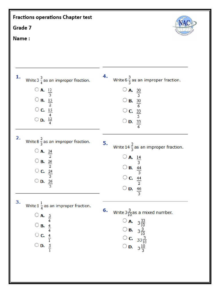 Fractions Operations Chapter Test | PDF