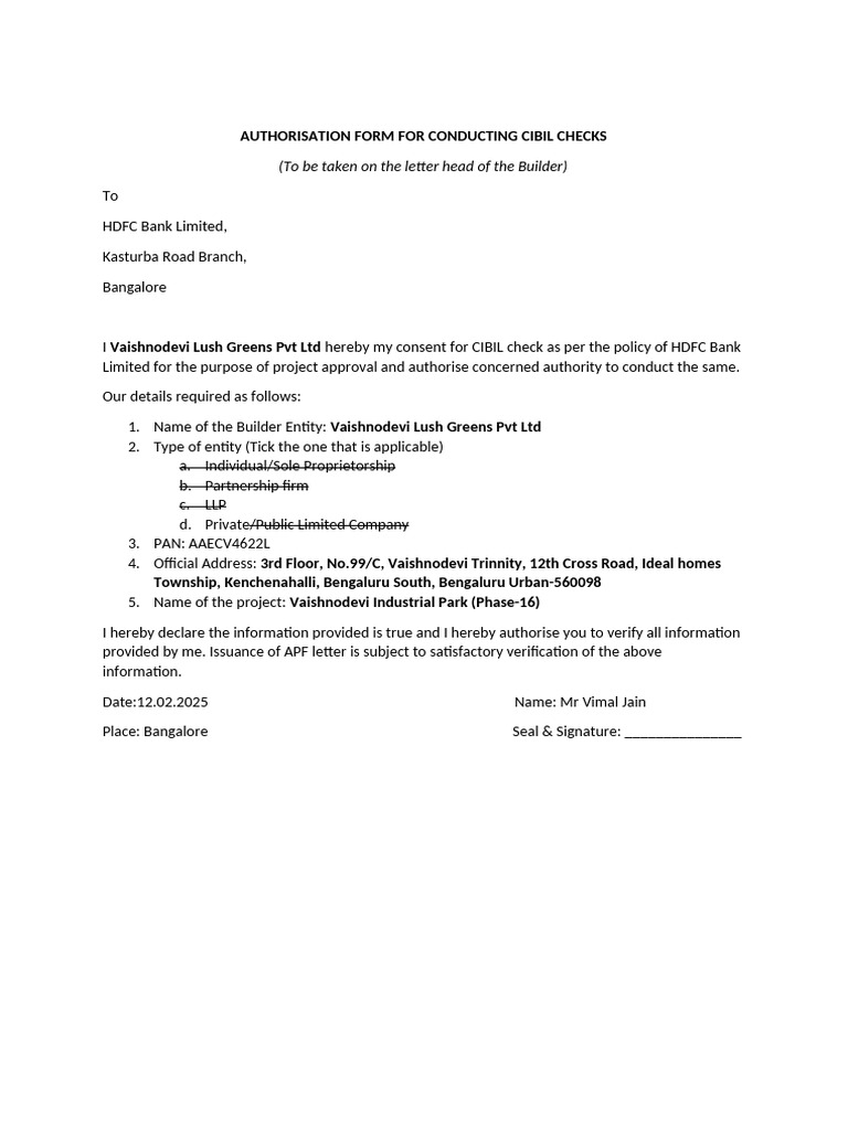 AUTHORISATION FORM FOR CONDUCTING CIBIL CHECKS (1) | PDF | Business ...