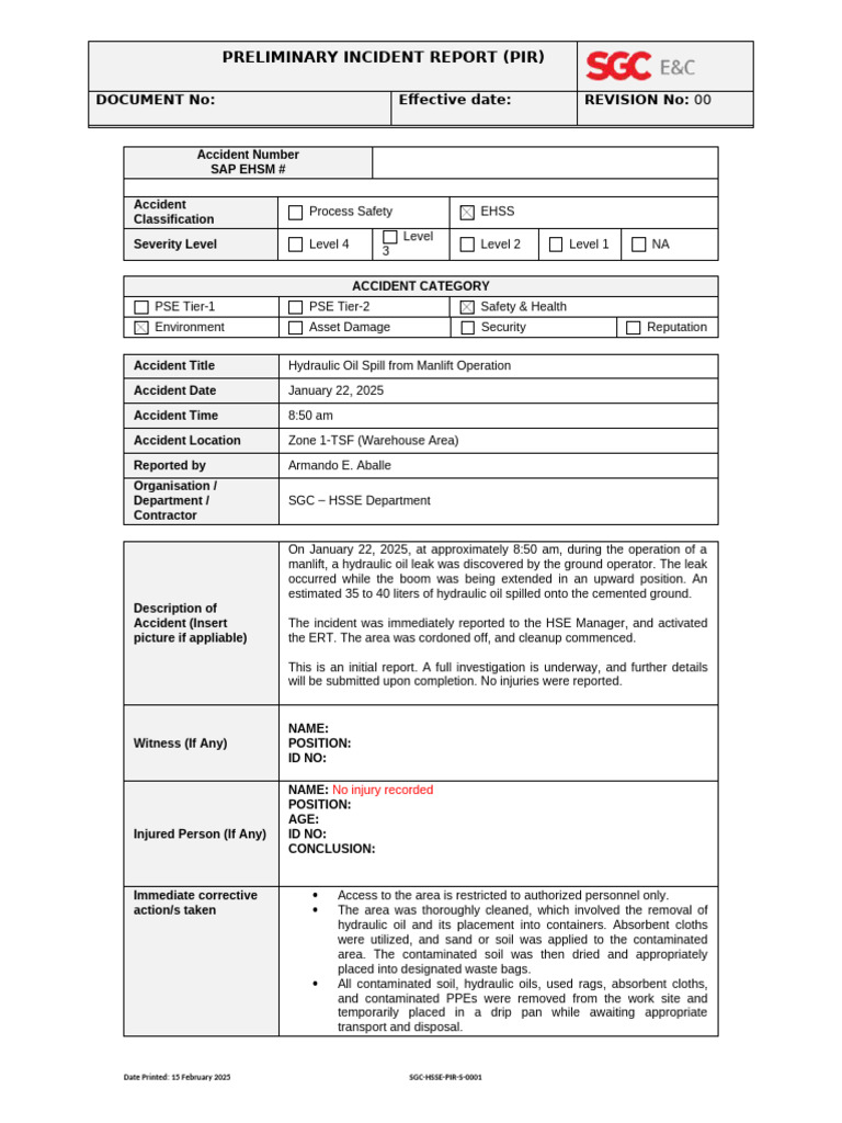 Hydraulic Oil Spill Preliminary Report | PDF | Oil Spill