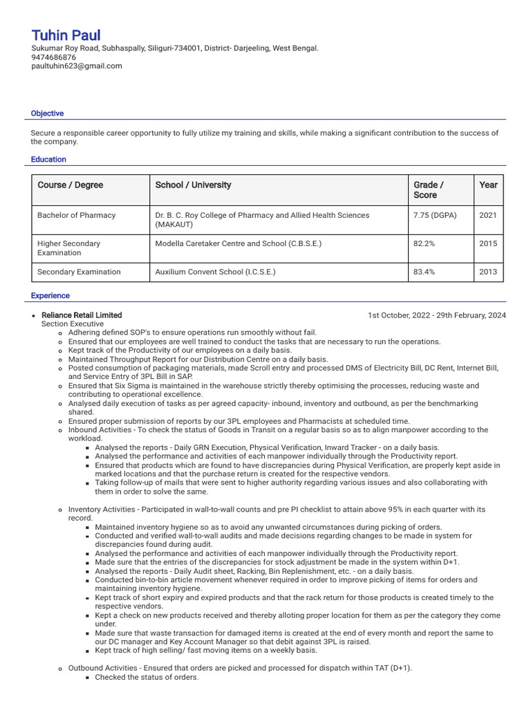 Tuhin Paul CV 2024 | PDF | Warehouse | Inventory
