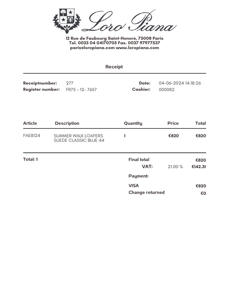 Paris Receipt for Summer Walk Loafers | PDF