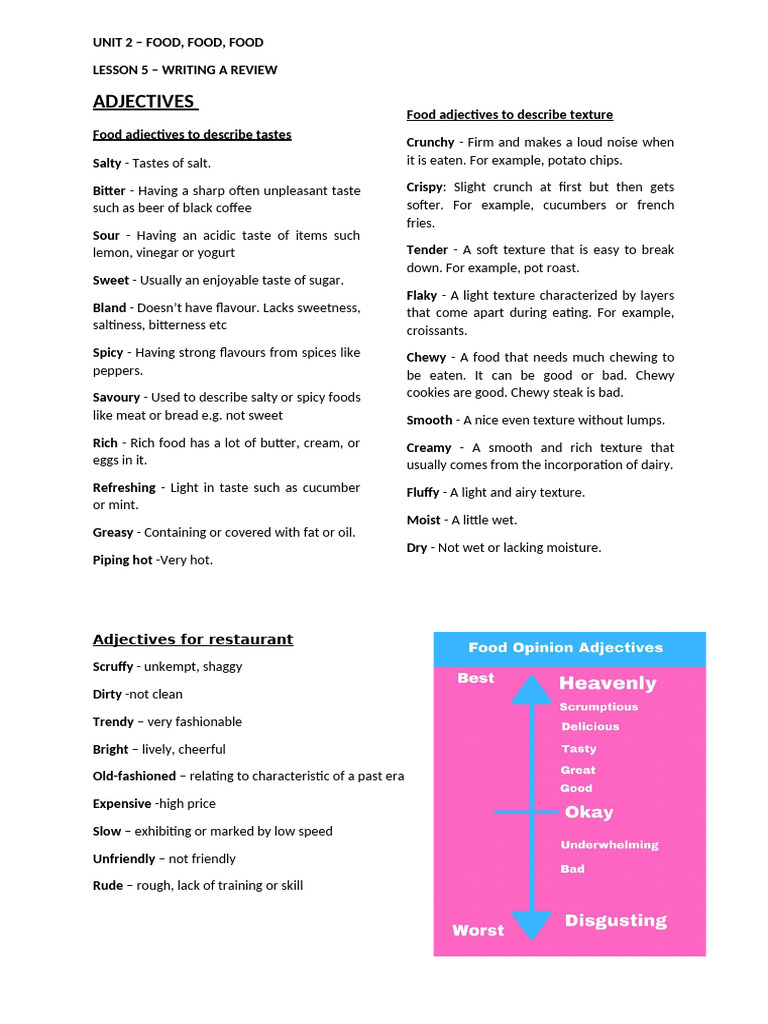 Adjectives To Describe Food | PDF | Taste | Foods