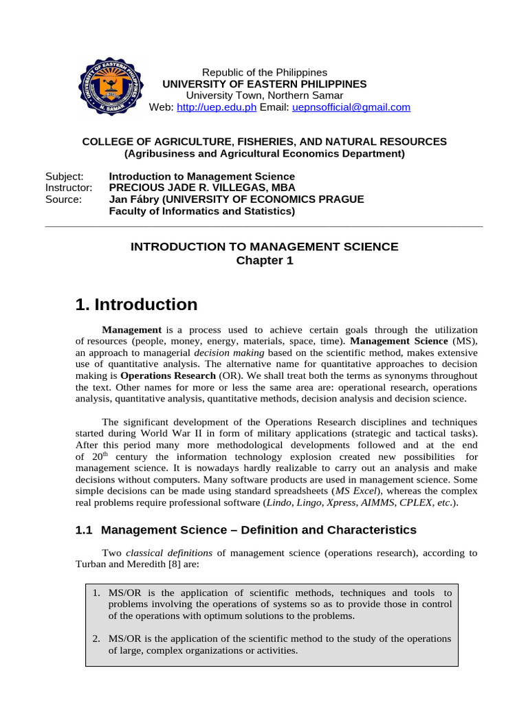 Management Science Chapter 1 | PDF | Mathematical Optimization | Linear ...