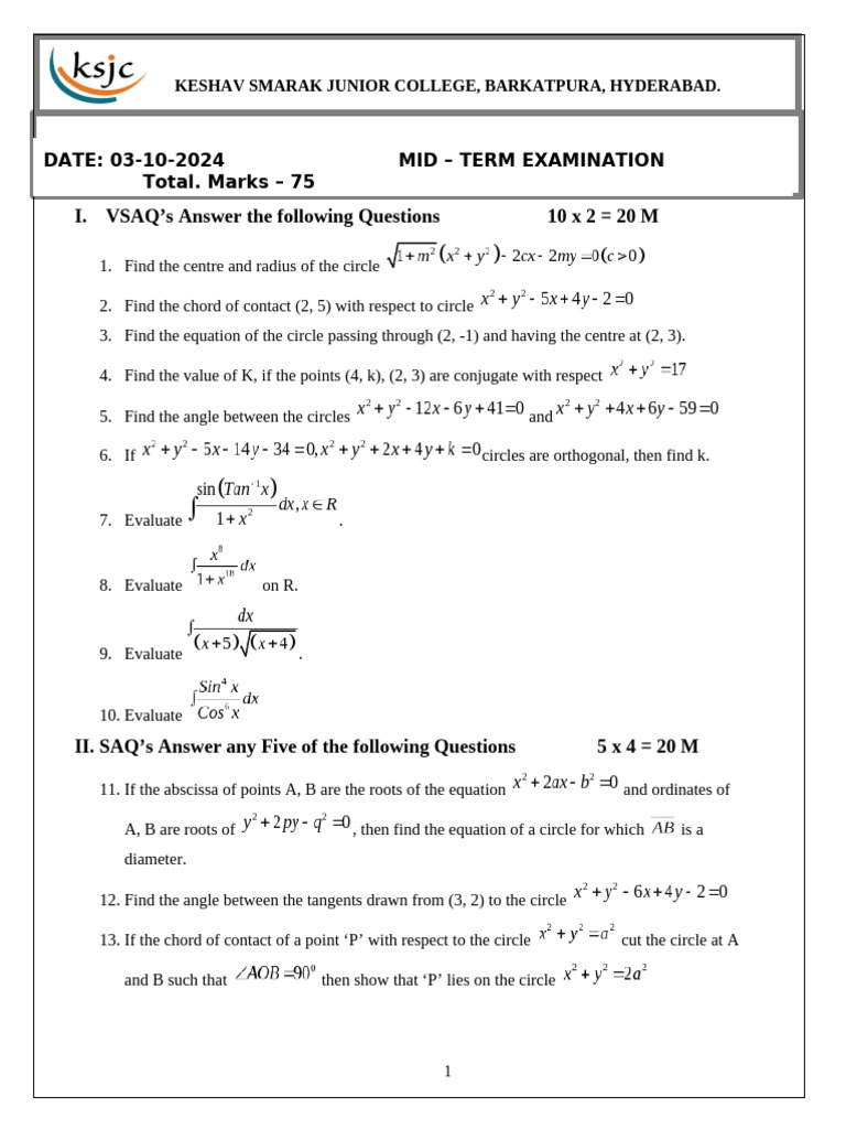 Maths-Iib (03-09-2024) (Set-B) | PDF | Circle | Tangent