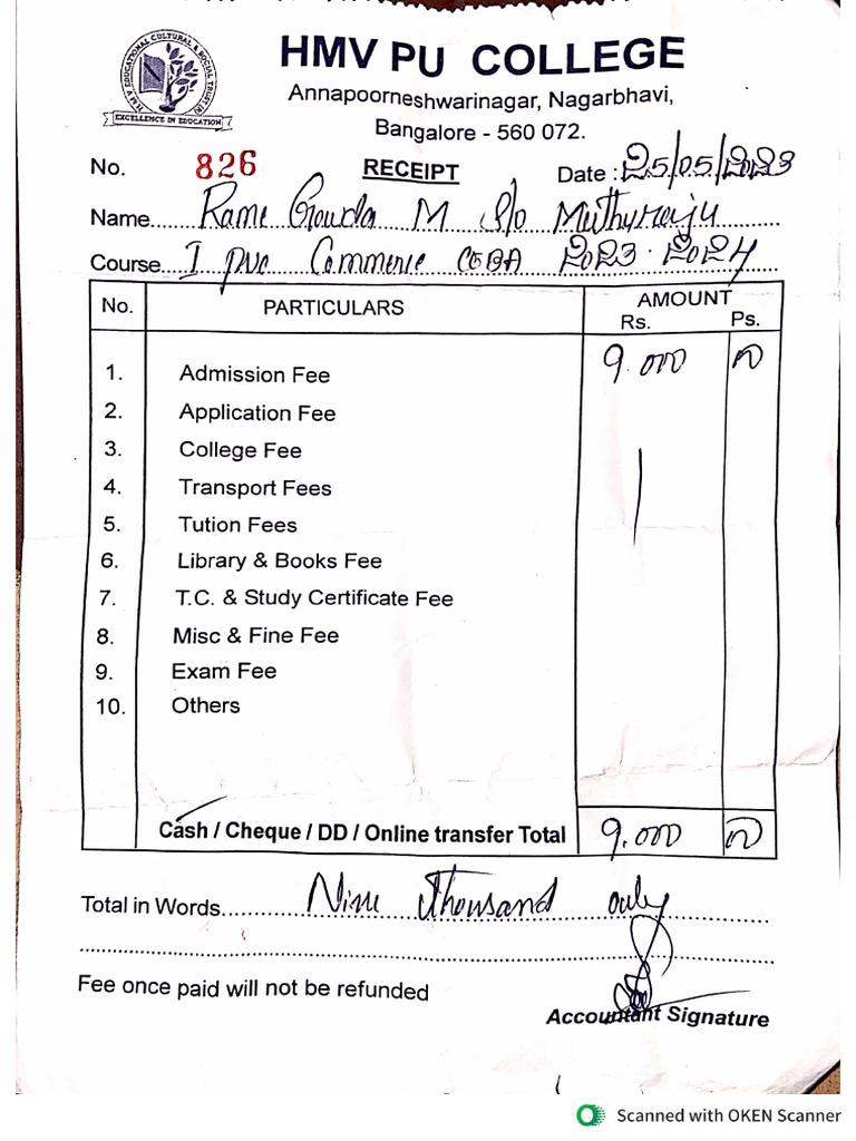Fees Receipt Rame | PDF
