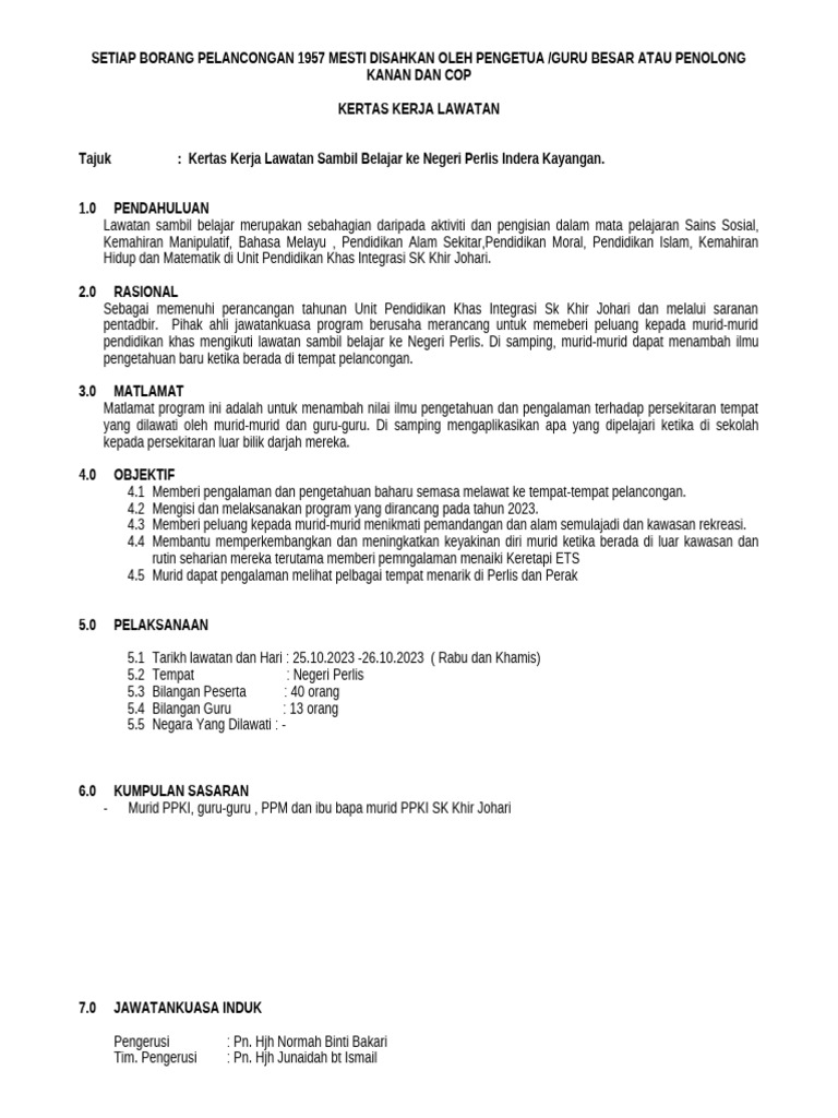 Kertas Kerja Lawatan Perlis 2023 | PDF