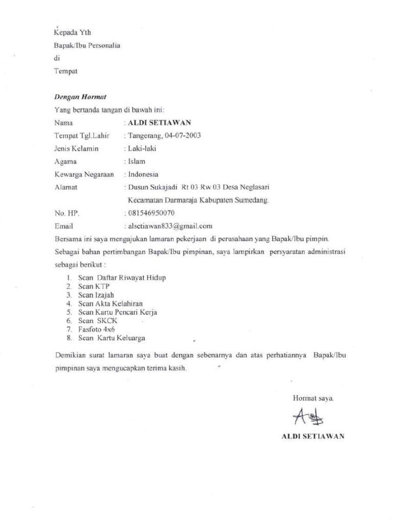 Lamaran Aldi Setiawan | PDF