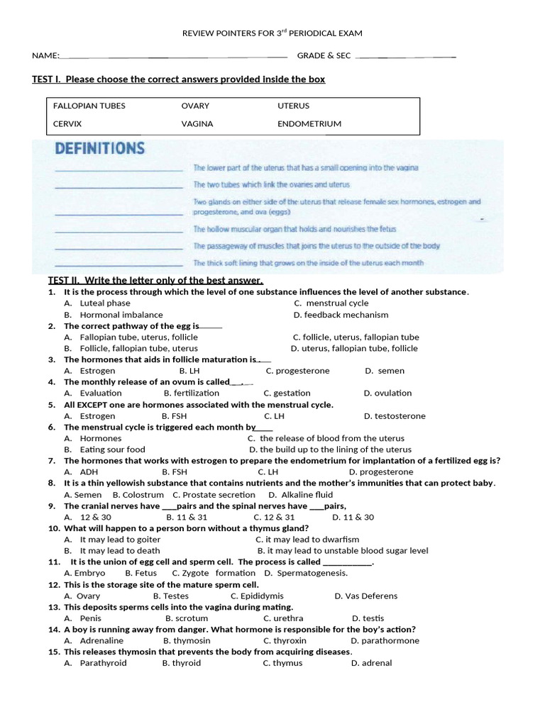 REVIEW POINTERS FOR 3rd PERIODICAL EXAM SY2024 2025 | PDF | Menstrual Cycle | Luteinizing Hormone
