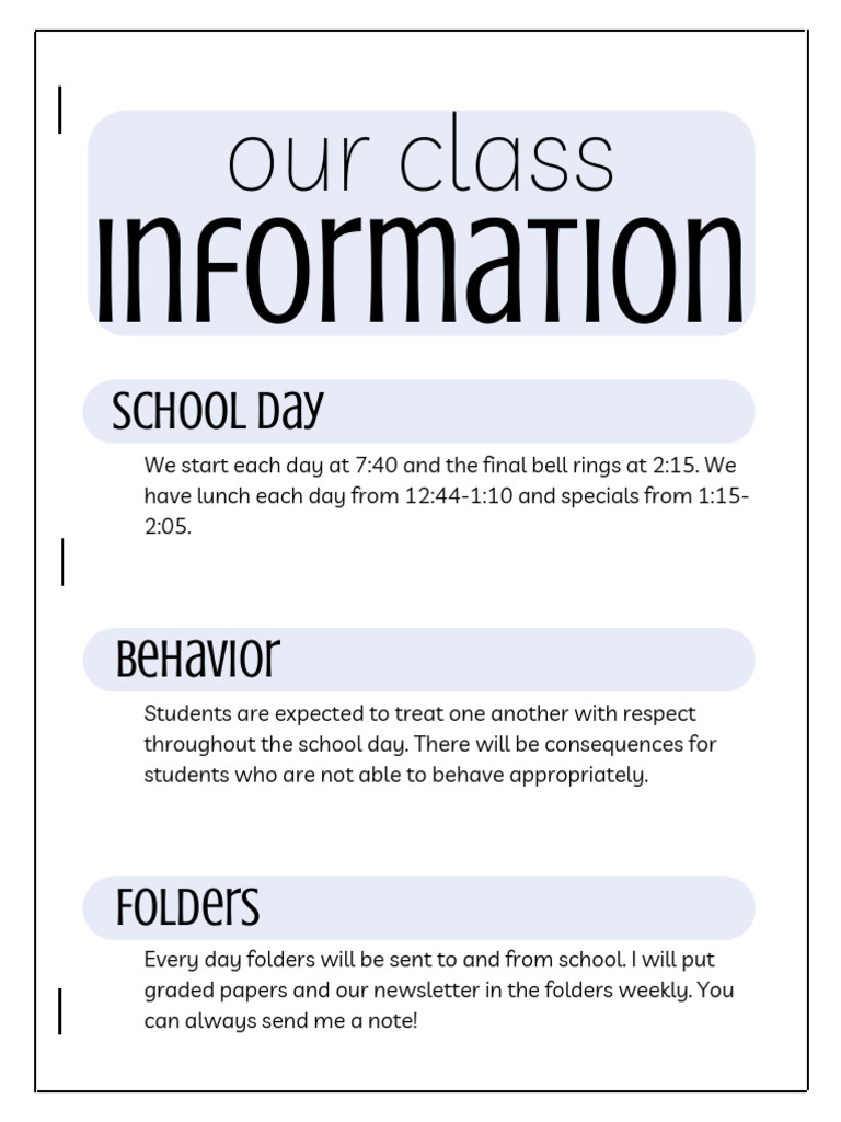 White Blue Simple Back To School Class Information Packet US Letter ...