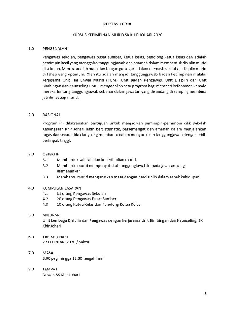 Kertas Kerja Motivasi Kepimpinan Pengawas 2020 | PDF
