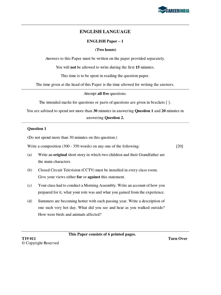 ICSE English Paper 1 Question Paper - 2019 | PDF