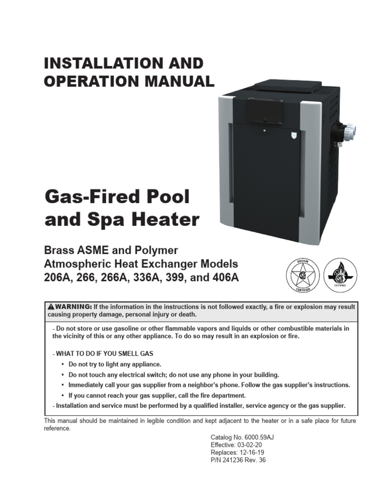 Raypak Gas Fired Pool and Spa Heater Manual Models 206a 266 266a 336a 399 and 406a Optimized ...