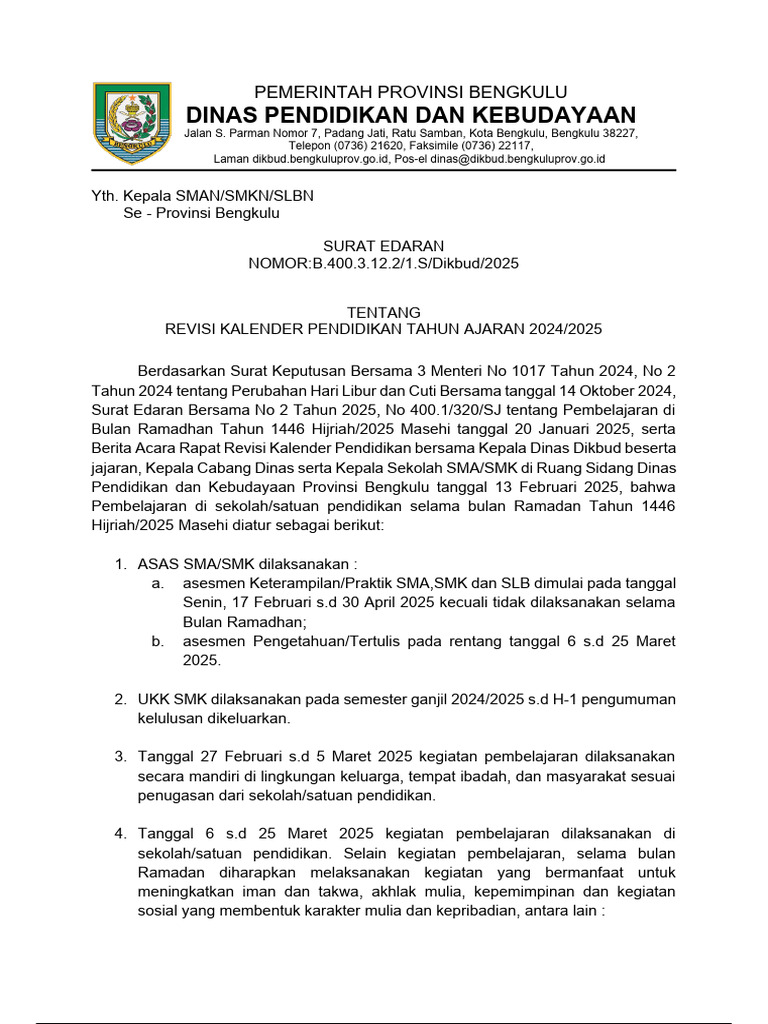 Surat Edaran (SE) Revisi Kaldik 20242025 | PDF