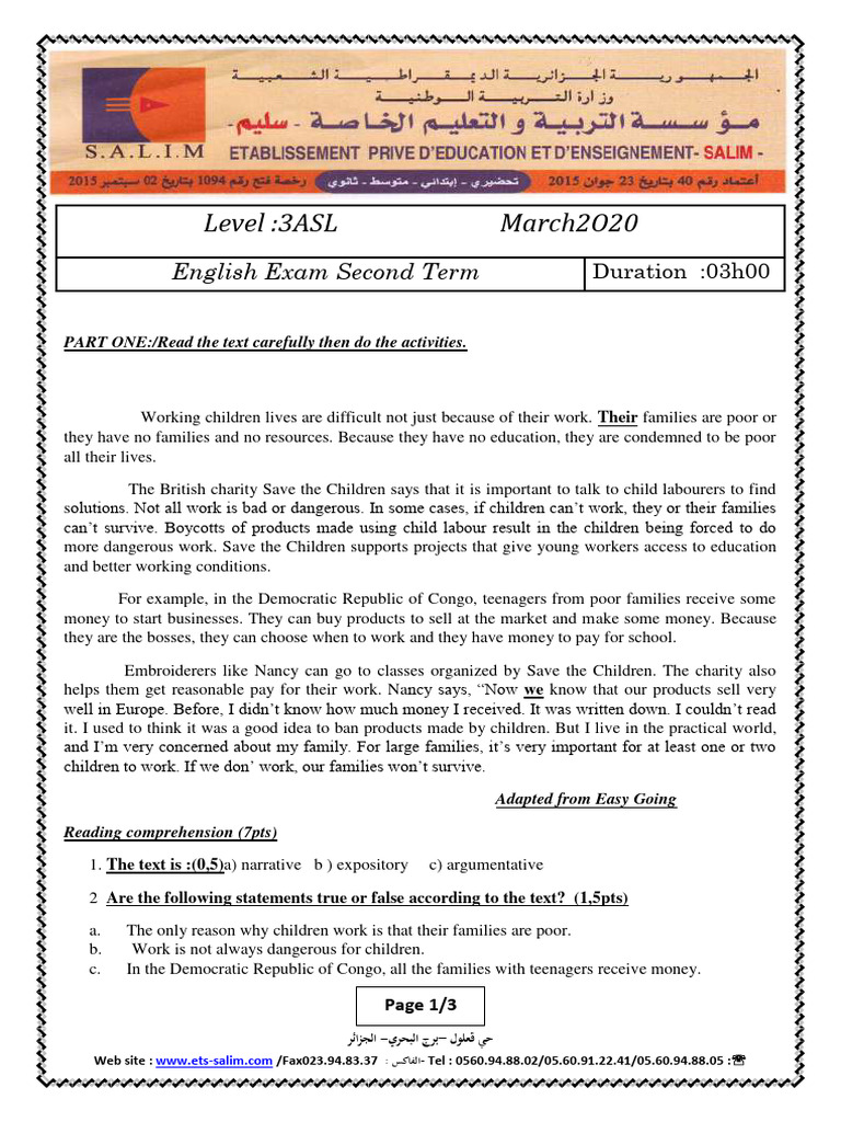 Dzexams 3as Anglais 513115 | PDF | Linguistics | Syntax