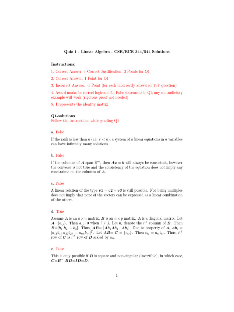 Linear Algebra Quiz 1 Solutions | PDF | Matrix (Mathematics ...