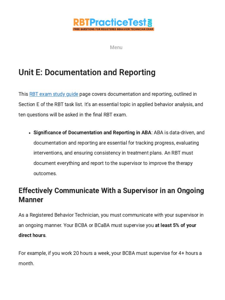 Unit E - Documentation and Reporting - Free RBT Study Guide (2025 ...
