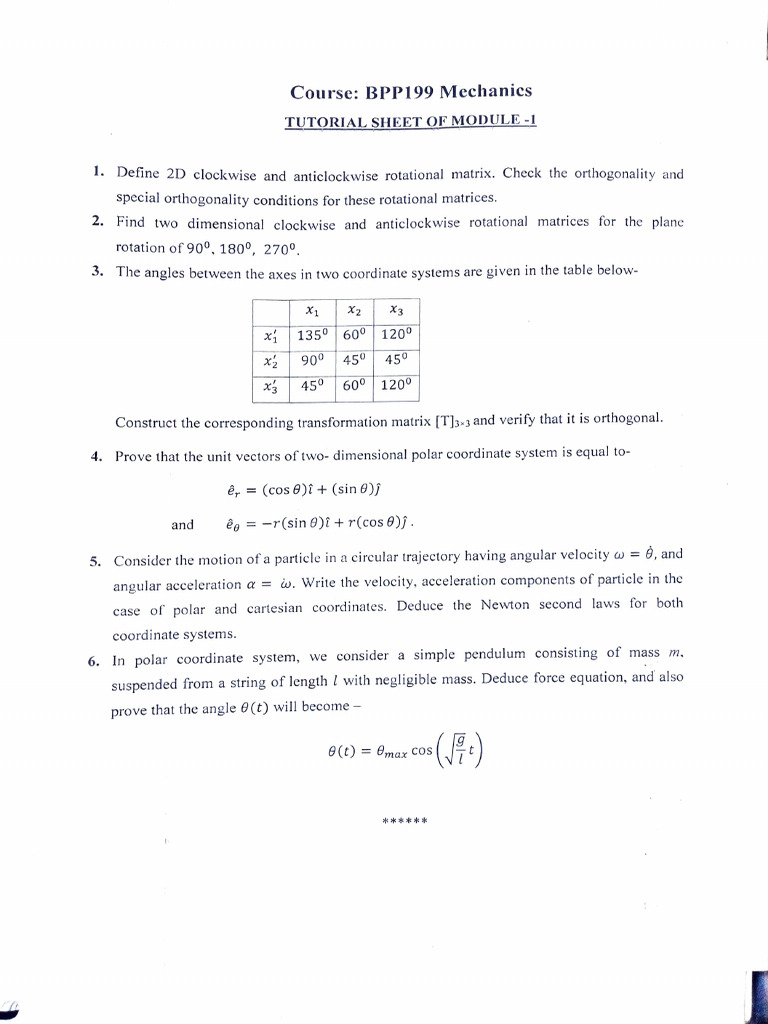 Module 1 Tutorial Sheet Mechanics | PDF