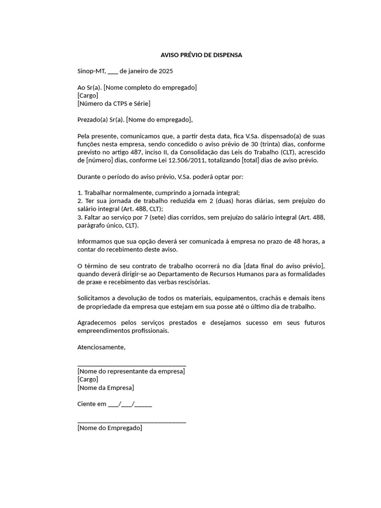 AVISO PRÉVIO DE DISPENSA (Modelo) | PDF