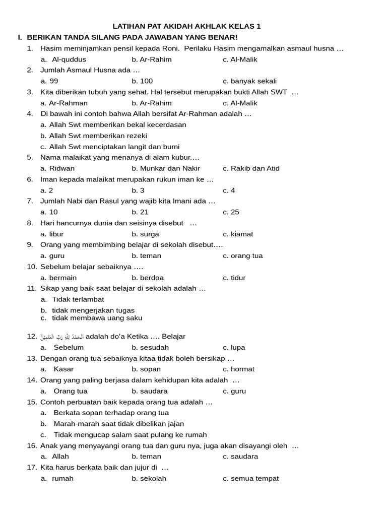 LATIHAN PAT Akidah AKLAK KELAS 1 | PDF