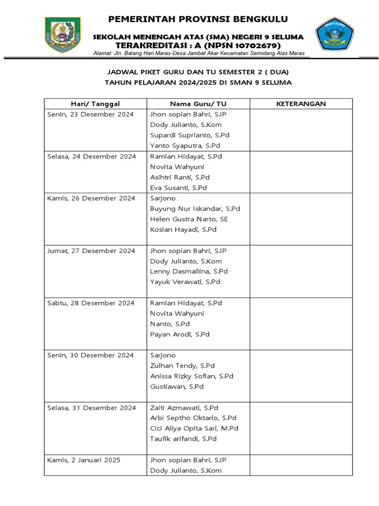 JADWAL PIKET sem 2 2025 | PDF