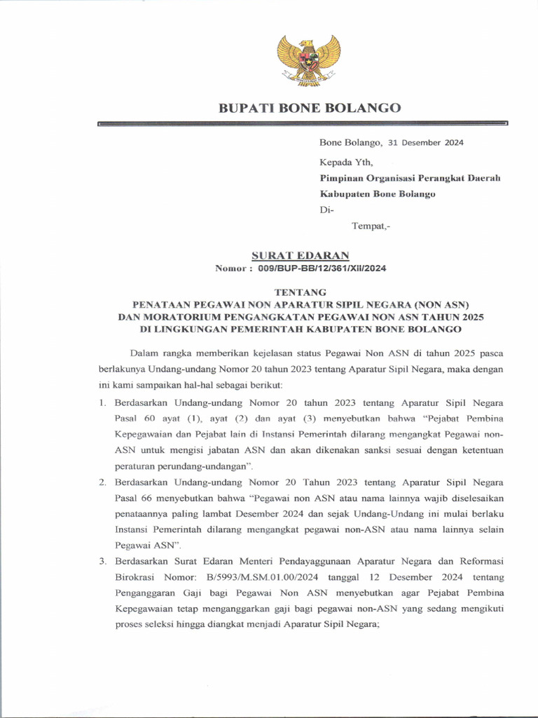 Surat Edaran Penataan Pegawai Non ASN Dan Moratorium Pengangkatan Pegawai ASN 2025 | PDF