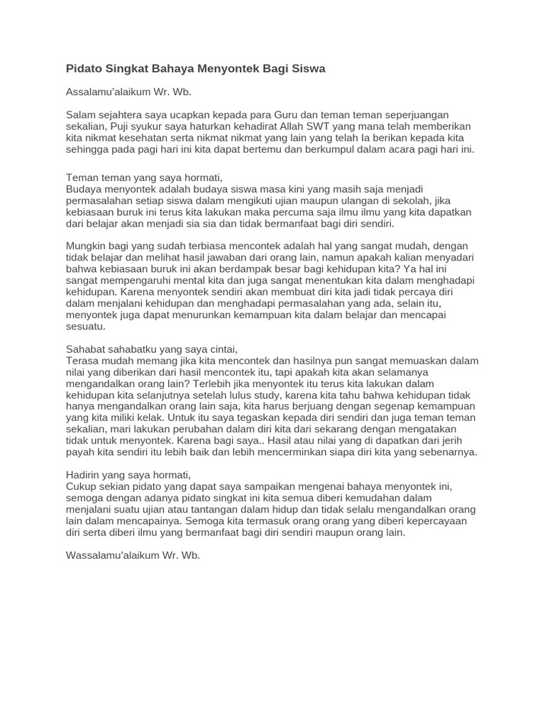 Pidato Singkat Bahaya Menyontek Bagi Siswa | PDF