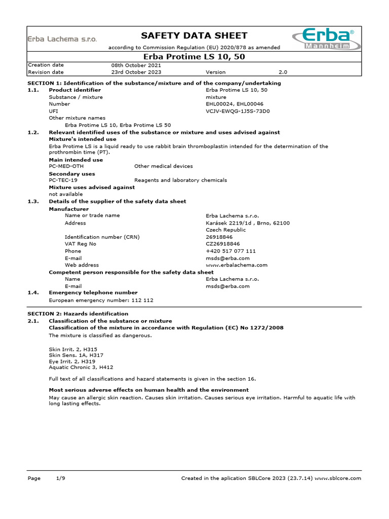 MSDS Erba Protime LS 10, 50-CzHJ1znrFU | PDF | Safety | Occupational ...