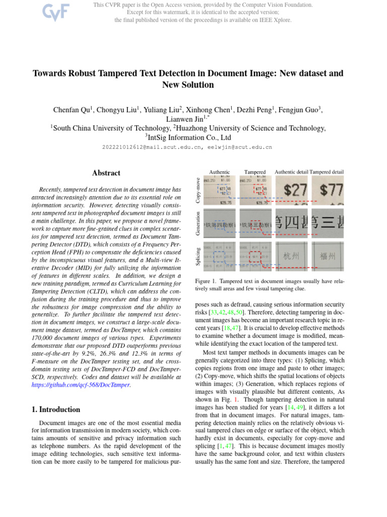 Qu Towards Robust Tampered Text Detection in Document Image New Dataset CVPR 2023 Paper-1 | PDF ...