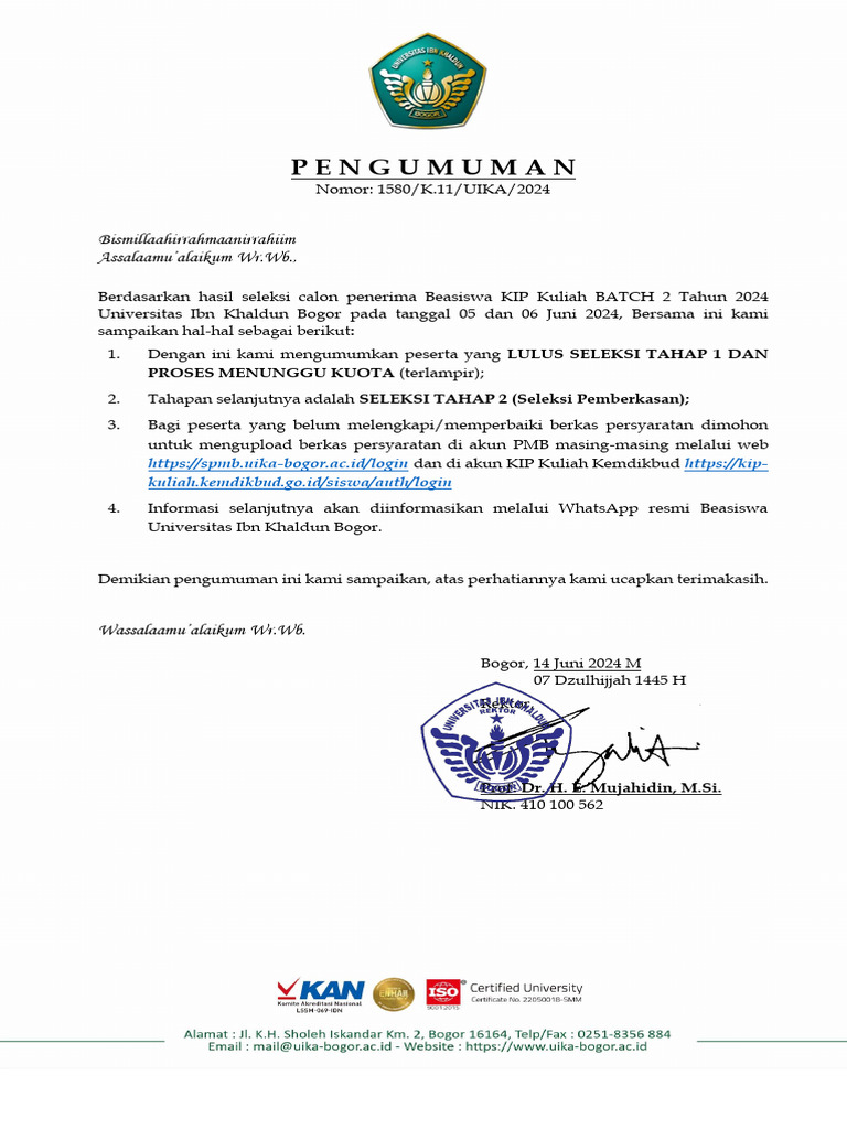 1580.k.11.uika.2024 - Pengumuman Hasil Seleksi Kip Kuliah 2024 Batch 2 | PDF