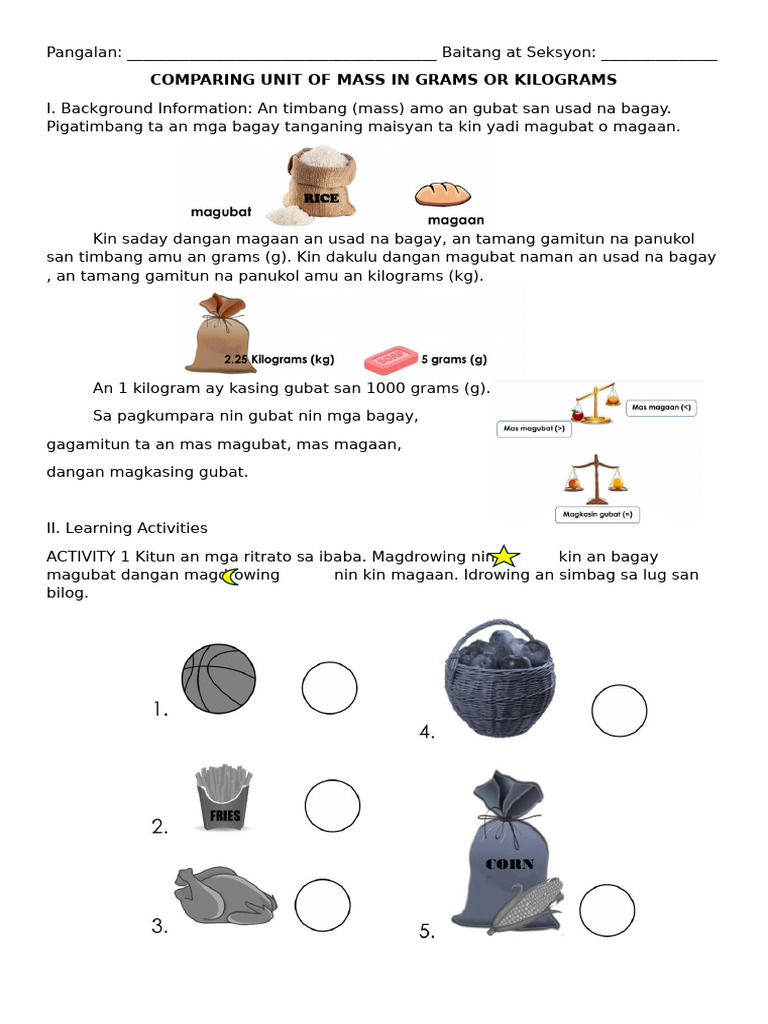 MATH 2 - Comparing Units of Mass in Kilograms and Grams | PDF