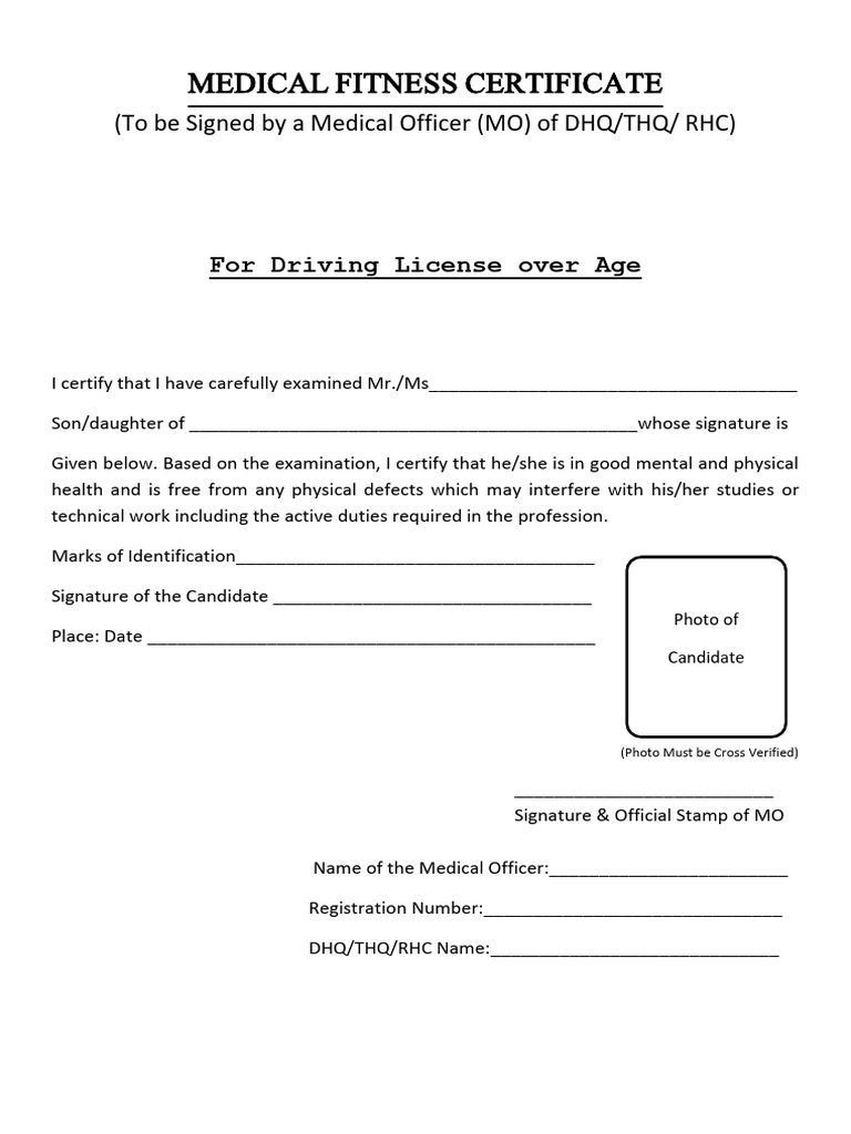 Medical Fitness Certificate for Driving | PDF