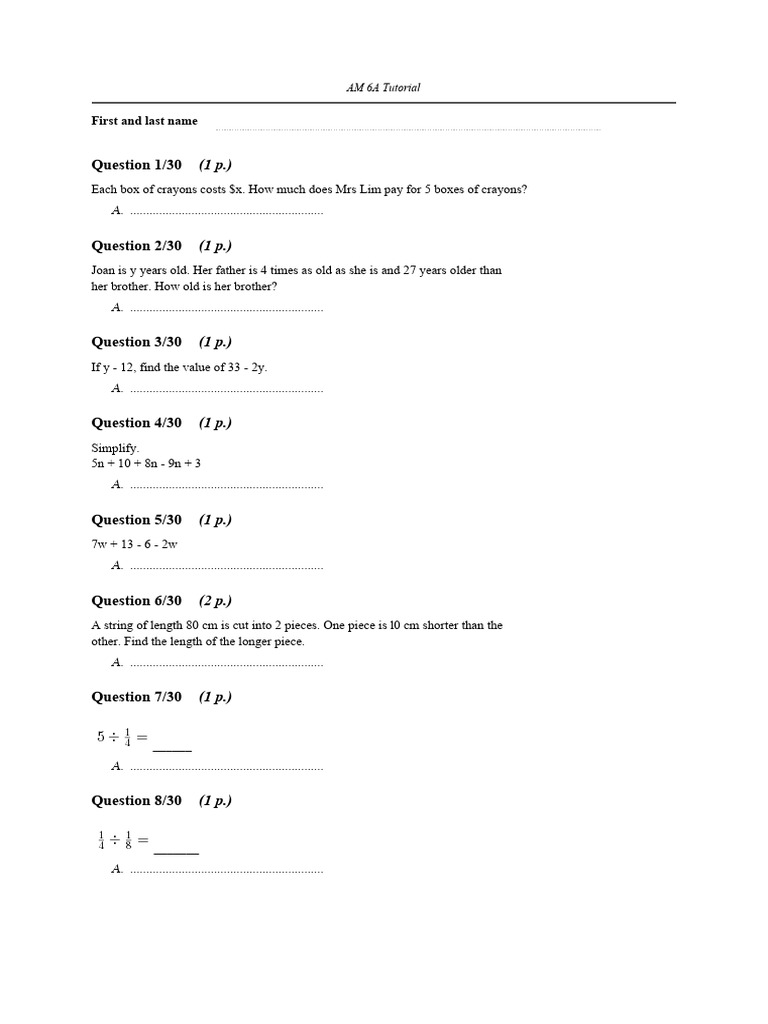 AM 6A Math Tutorial Questions | PDF | Area | Circle
