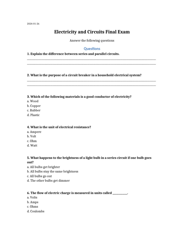 Electricity and Circuits Final Exam | PDF | Electric Current | Series ...
