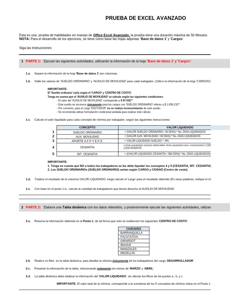 Prueba de Excel Avanzado | PDF | Microsoft Excel | Informática