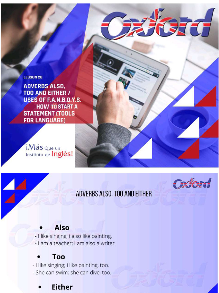 Lesson 20. Uses of Also, Too & Either, Coordinators. Tools For Language | PDF