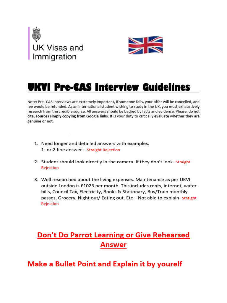 UKVI Pre-CAS Interview Tips | PDF | Cost Of Living | Banks