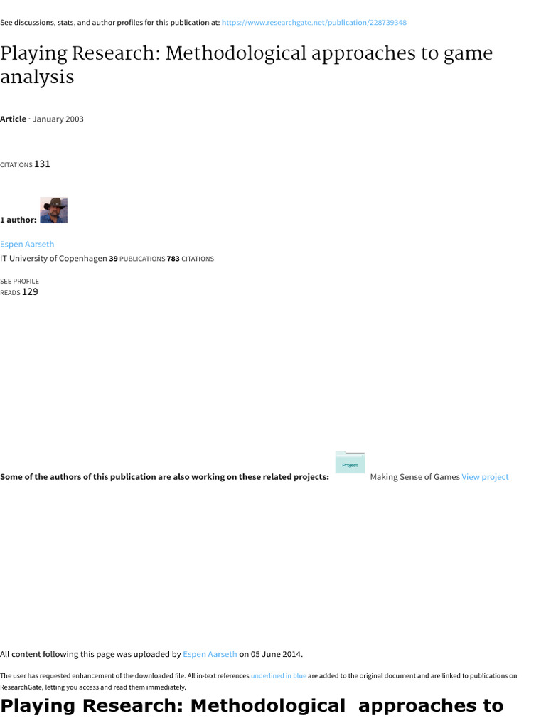 AARSETH, Espen - Playing Research Methodological approach to game analysis | PDF | Aesthetics ...