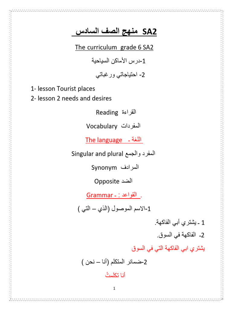 Portion SA2 GRADE 6 Arabic | PDF