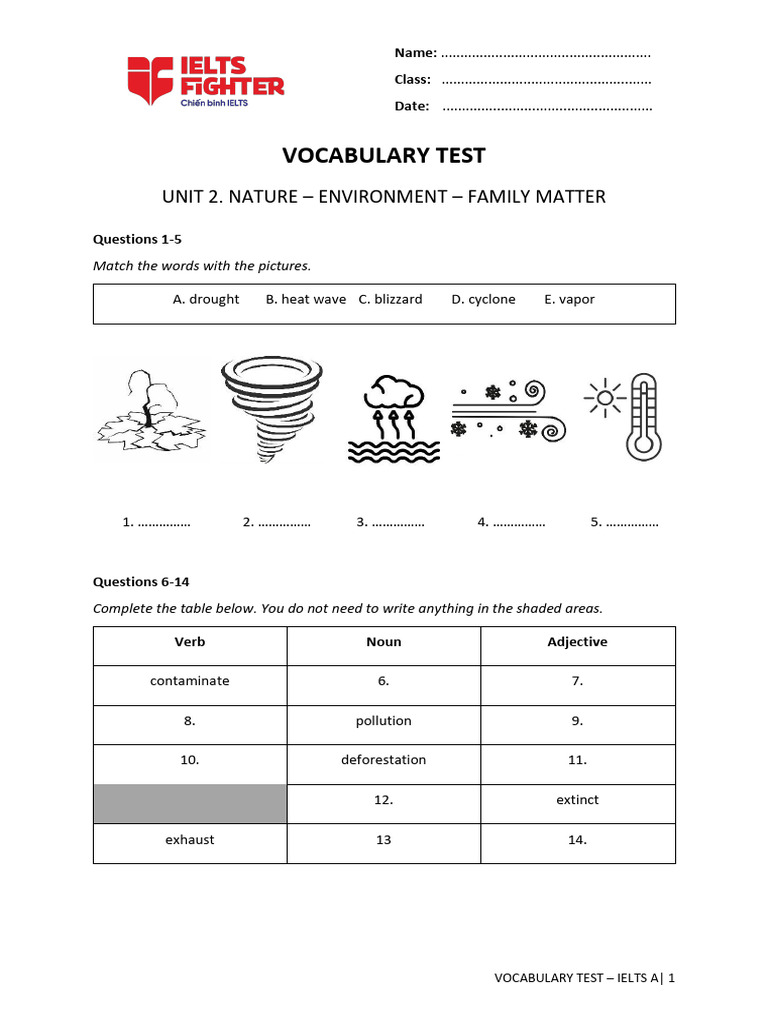 VOCAB TEST 5. UNIT 2. Nature - Environment - Family Matter | PDF ...